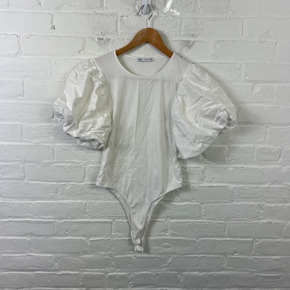 Zara | Tops | Zara Womens Crew Neck One Piece Bodysuit Puffed Sleeves ...